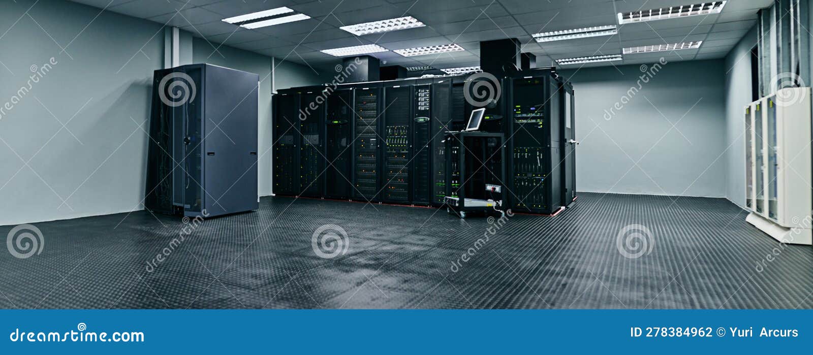 Server Room Empty Or Data Center For Internet Connection Computing Network Or Cyber Security