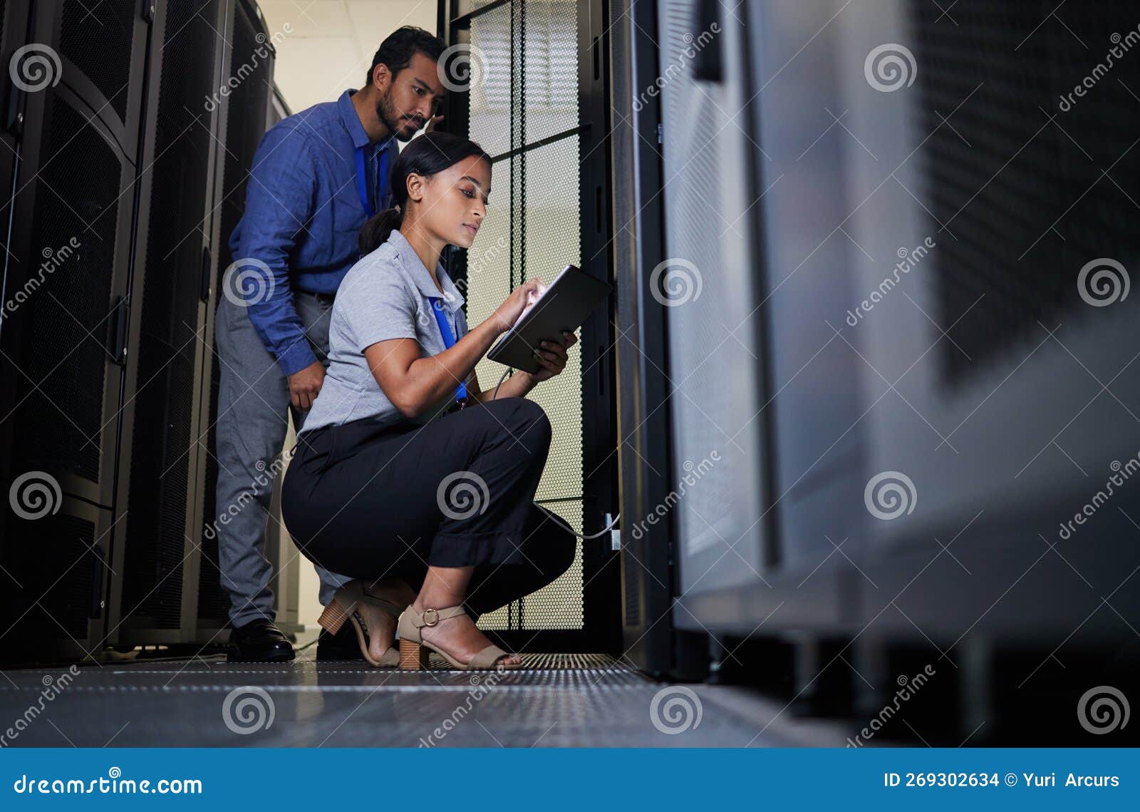 Server Room, Engineer and Team with Tablet for Database Connection ...