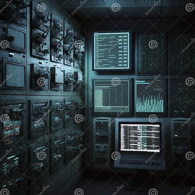 A Server Room, Filled with Computer Monitors Displaying Complex ...