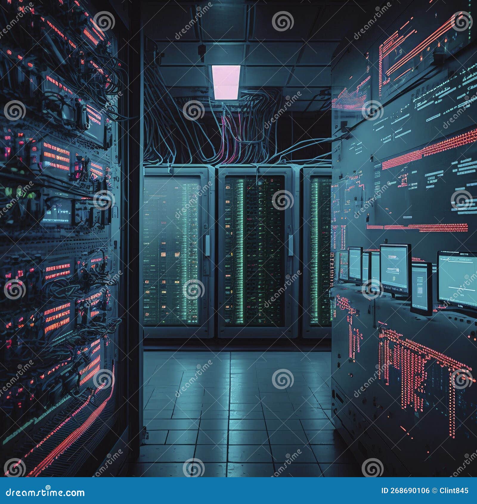 A Server Room Filled With Computer Monitors Displaying Complex Algorithms And Data Streams 3397