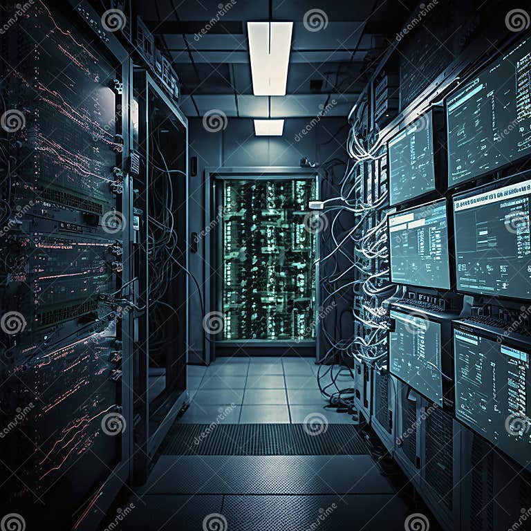 A Server Room, Filled with Computer Monitors Displaying Complex ...