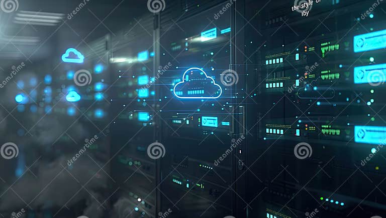 Server Room Filled with Servers and Floating Clouds Stock Image - Image of connectivity, house ...