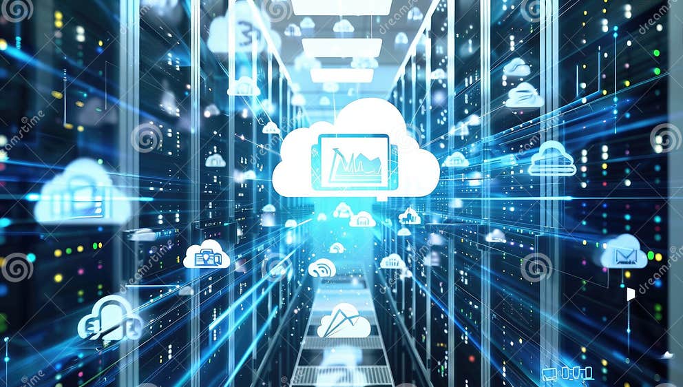 Server Room Filled with Servers and Floating Clouds Stock Image - Image of technology, system ...
