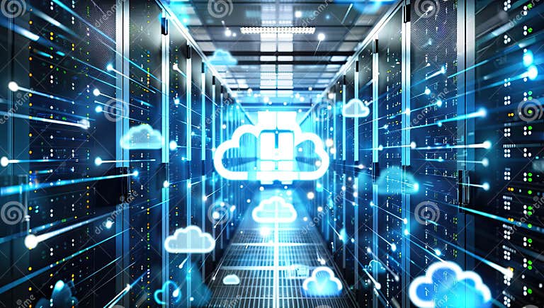 Server Room Filled with Servers and Floating Clouds Stock Photo - Image of cloud, light: 328365902