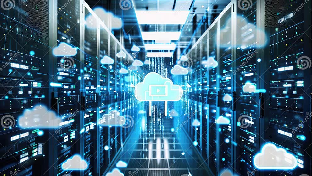 Server Room Filled with Servers and Floating Clouds Stock Photo - Image ...