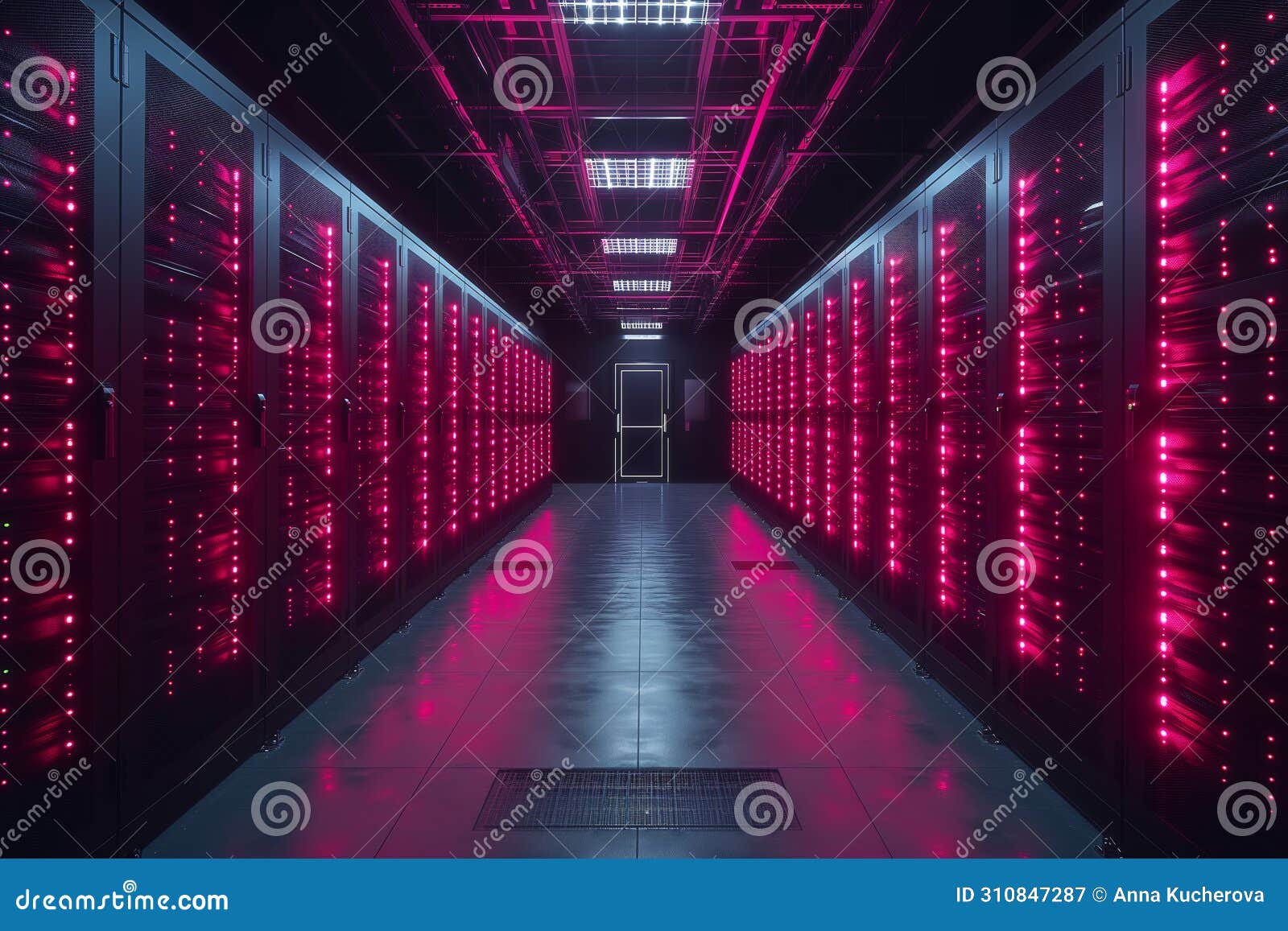 Server Room with Glowing Red Lights Stock Illustration - Illustration ...