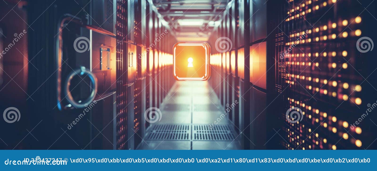 Server Room Hallway with Floating Lock Symbol, Concept of Secure Data ...