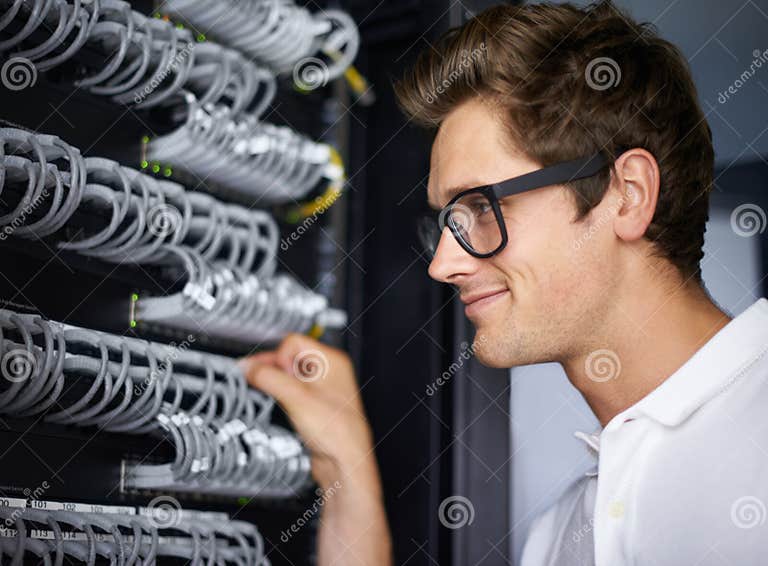 Server Room, Information Technology and Man with Cables for ...