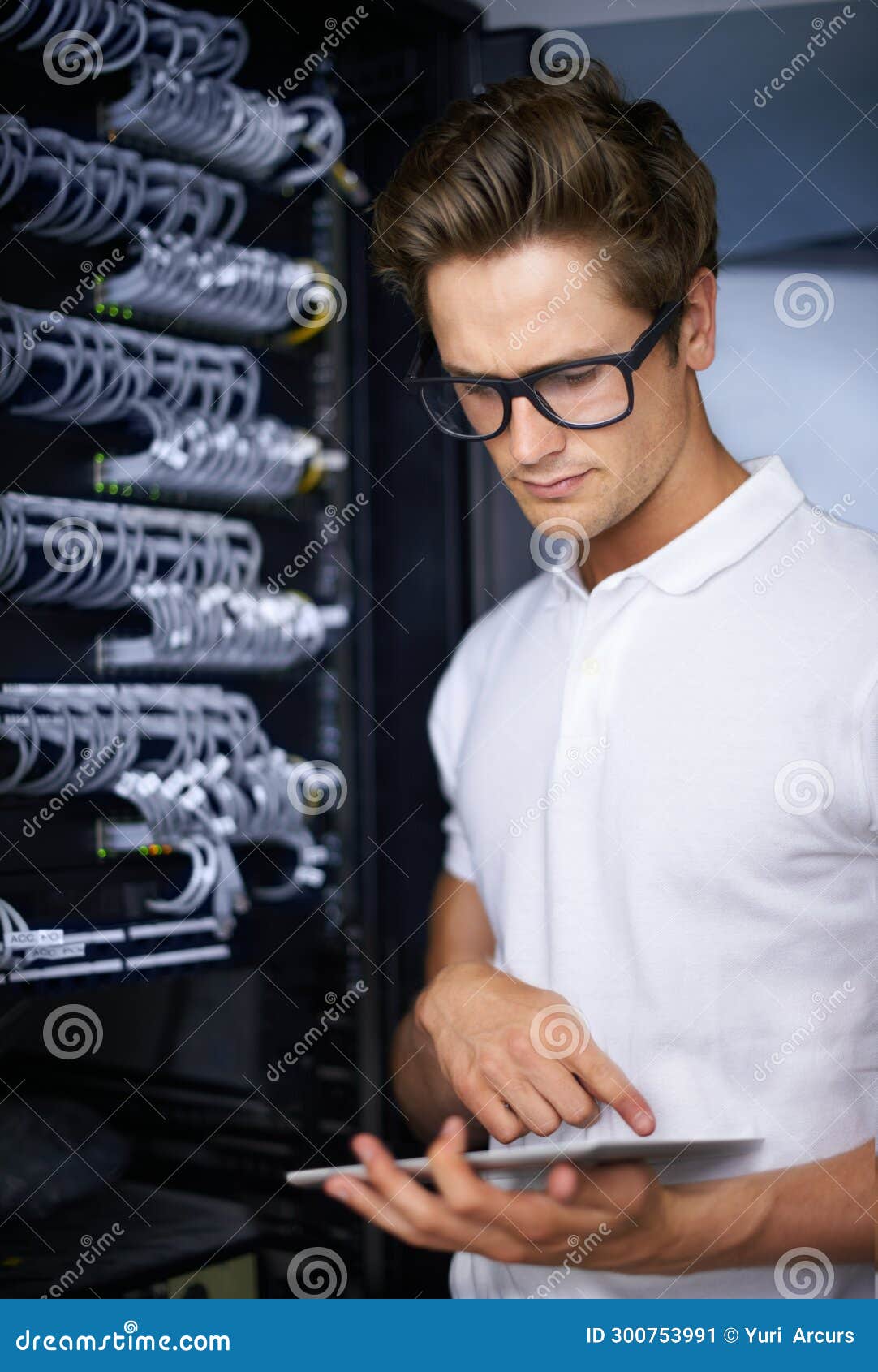 Server Room, Information Technology and Man for Typing, Tablet or Check ...