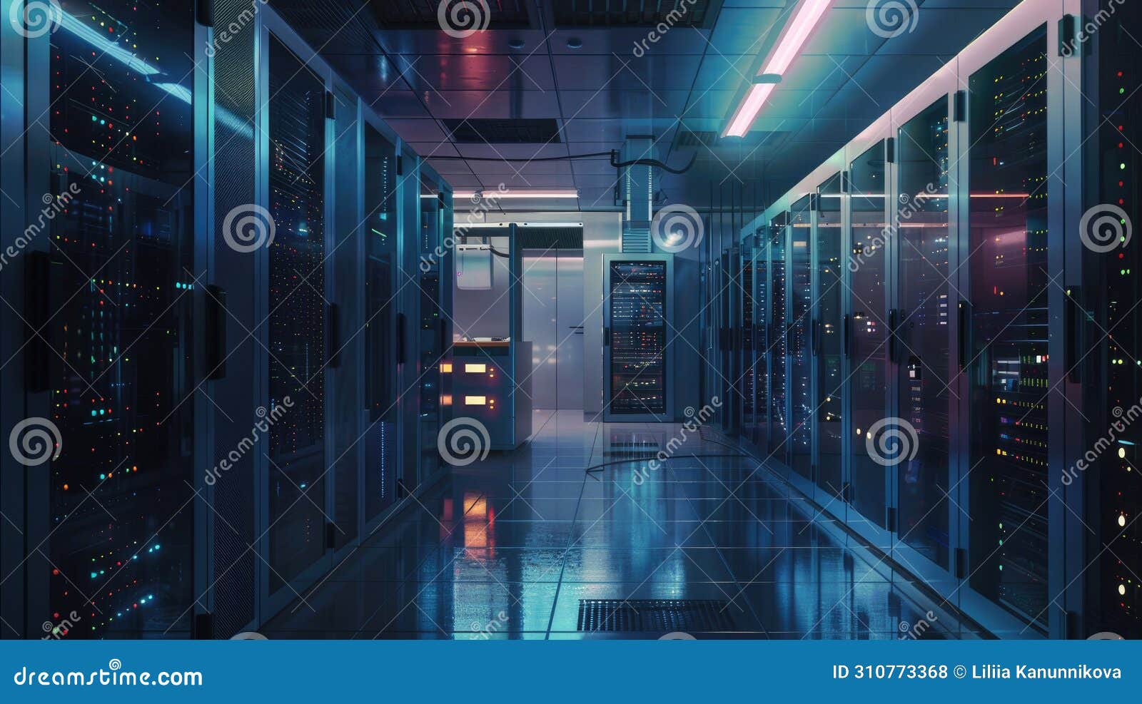 A Server Room Interior within a Bustling Datacenter, Where Rows of ...