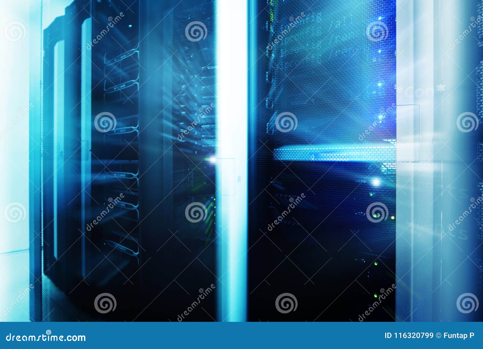 Server Room Interior in Datacenter, Multi Exposure Futuristic Design ...