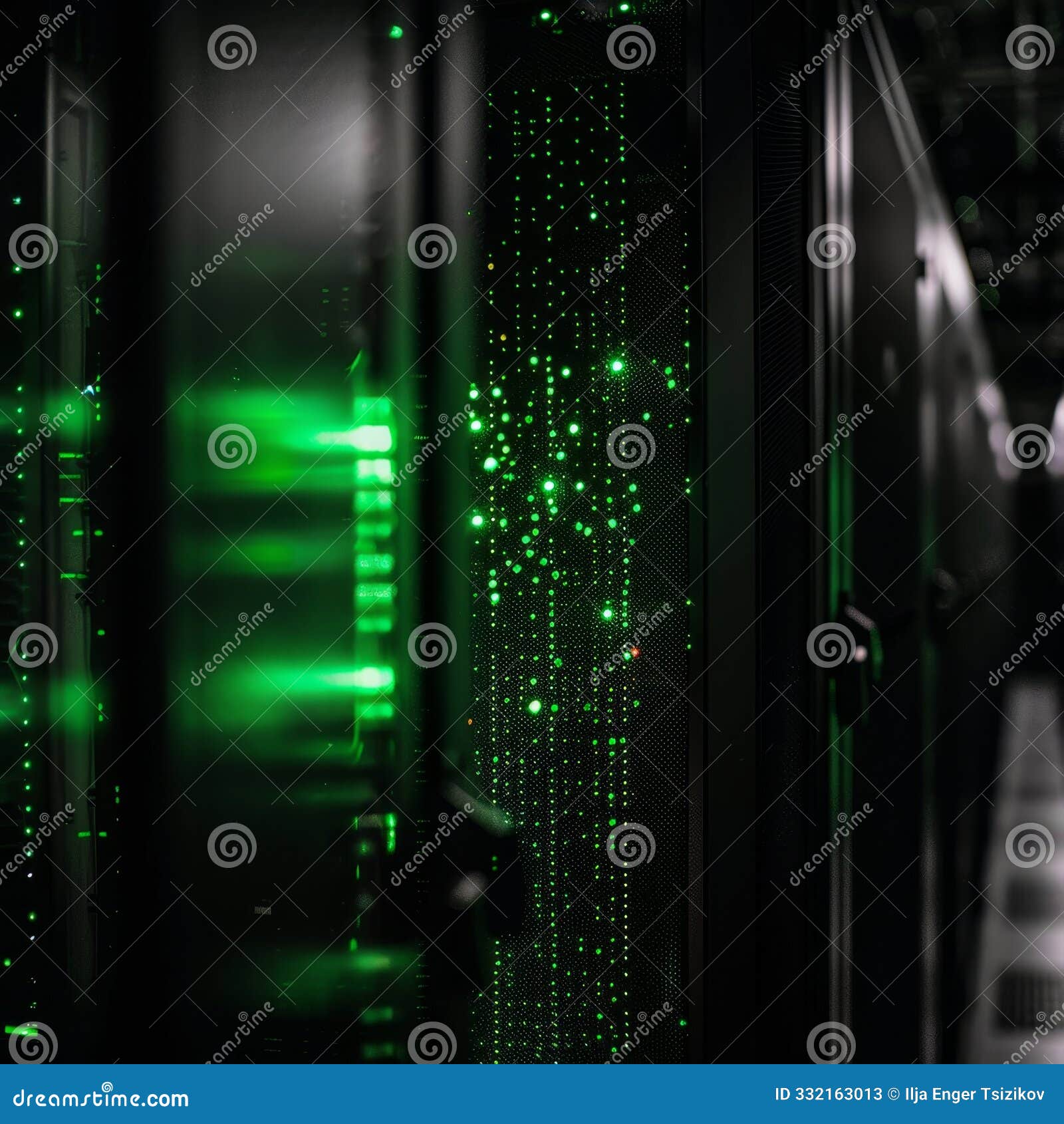 Server Room Interior Green Server Lights Illuminate Data Flow in Modern ...