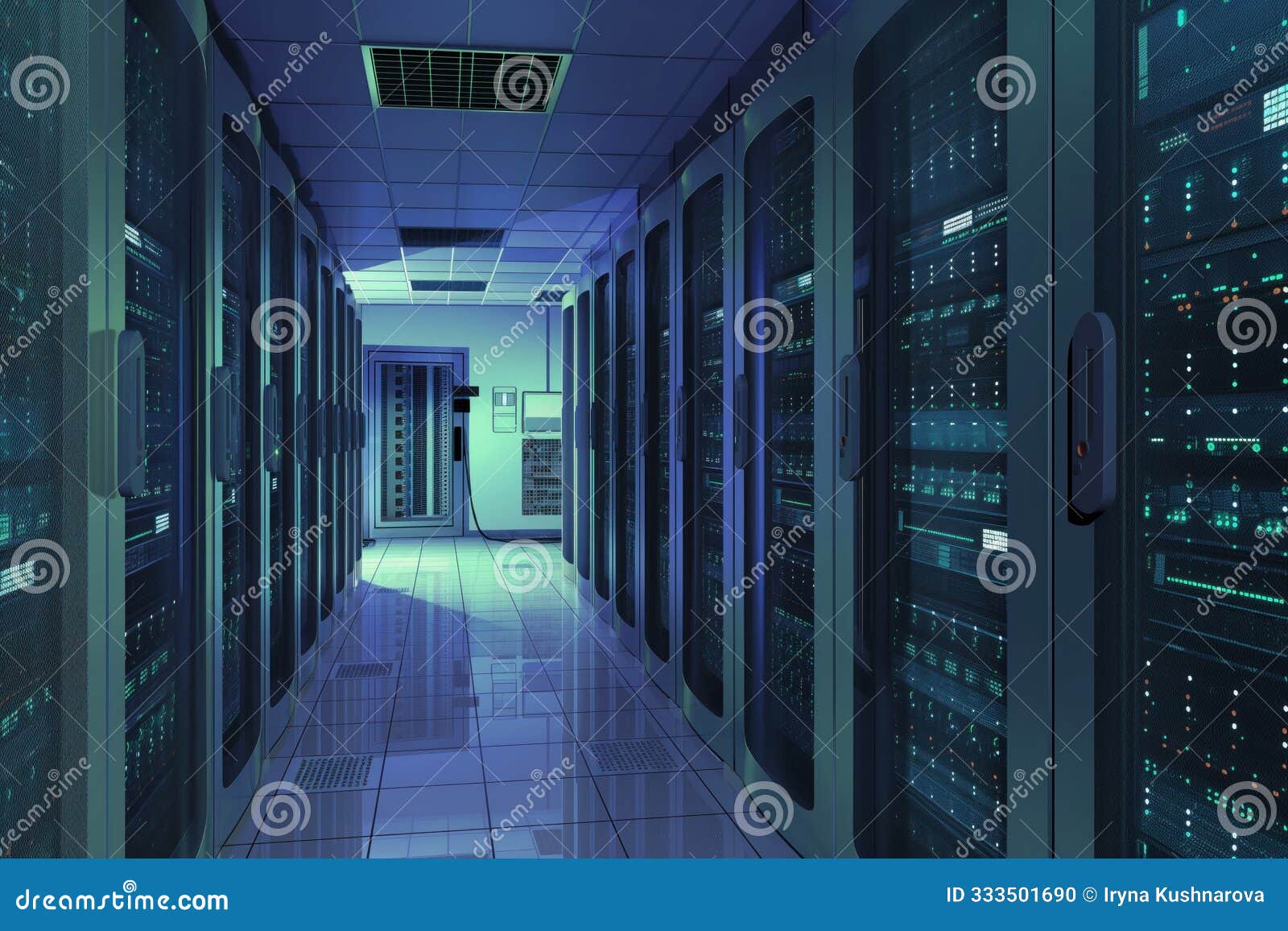 Server Room Interior with Rows of Black Servers in Grid Pattern. Soft ...