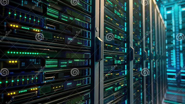 Server Room Interior with Rows of Data Servers in Blue-lit Facility ...