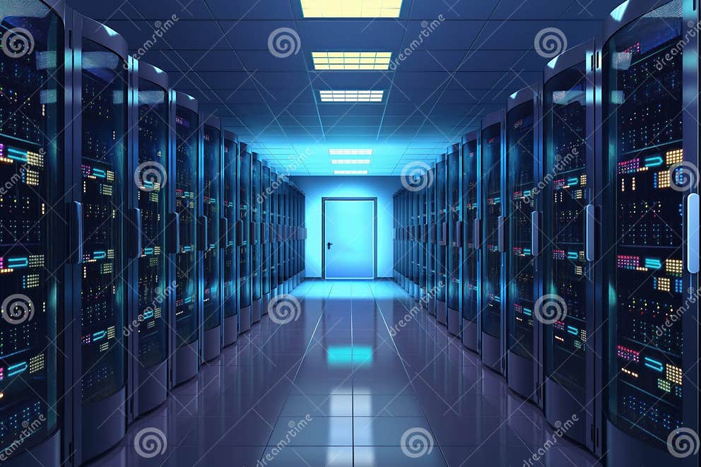 Server Room Interior with Rows of Identical Servers Equipped with ...