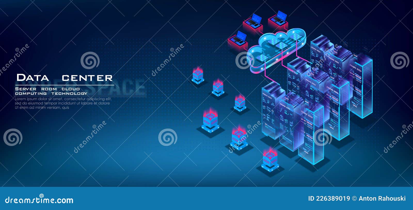 Server Room Isometric Concept. Working in Cloud Computing, Web Hosting with Cloud Data ...