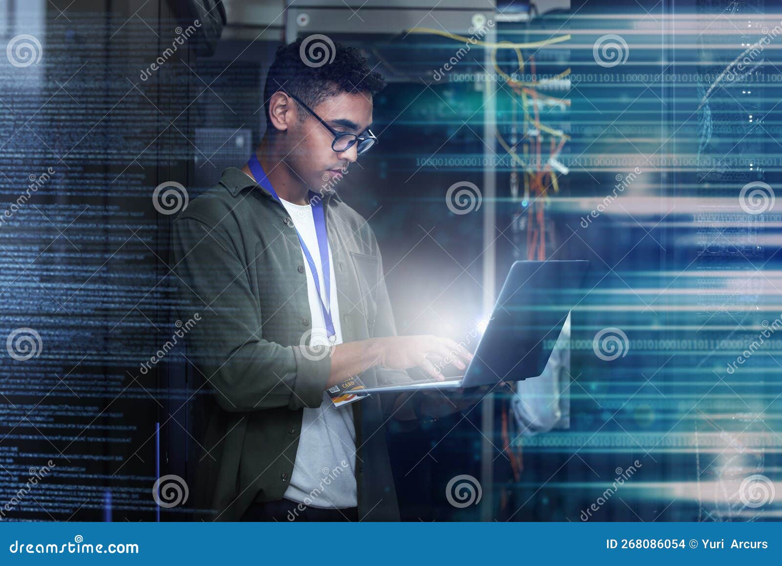 Server Room, Laptop and Man with Date Overlay for Cyber Security ...