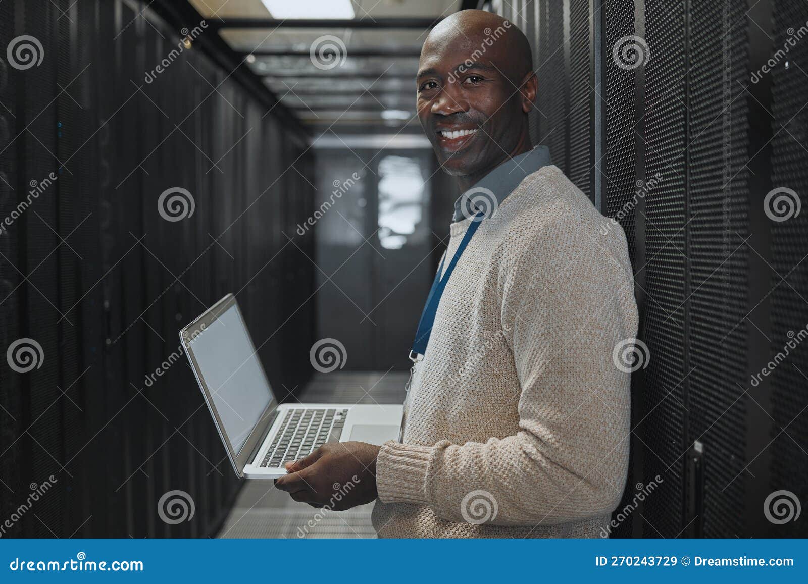 Server Room, Laptop and Man Portrait or Technician for Data Center ...