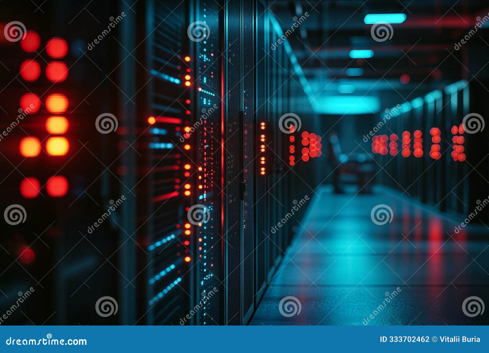 Blue-Lit Server Room Corridor with Rack-Mounted Servers, Generative Ai ...