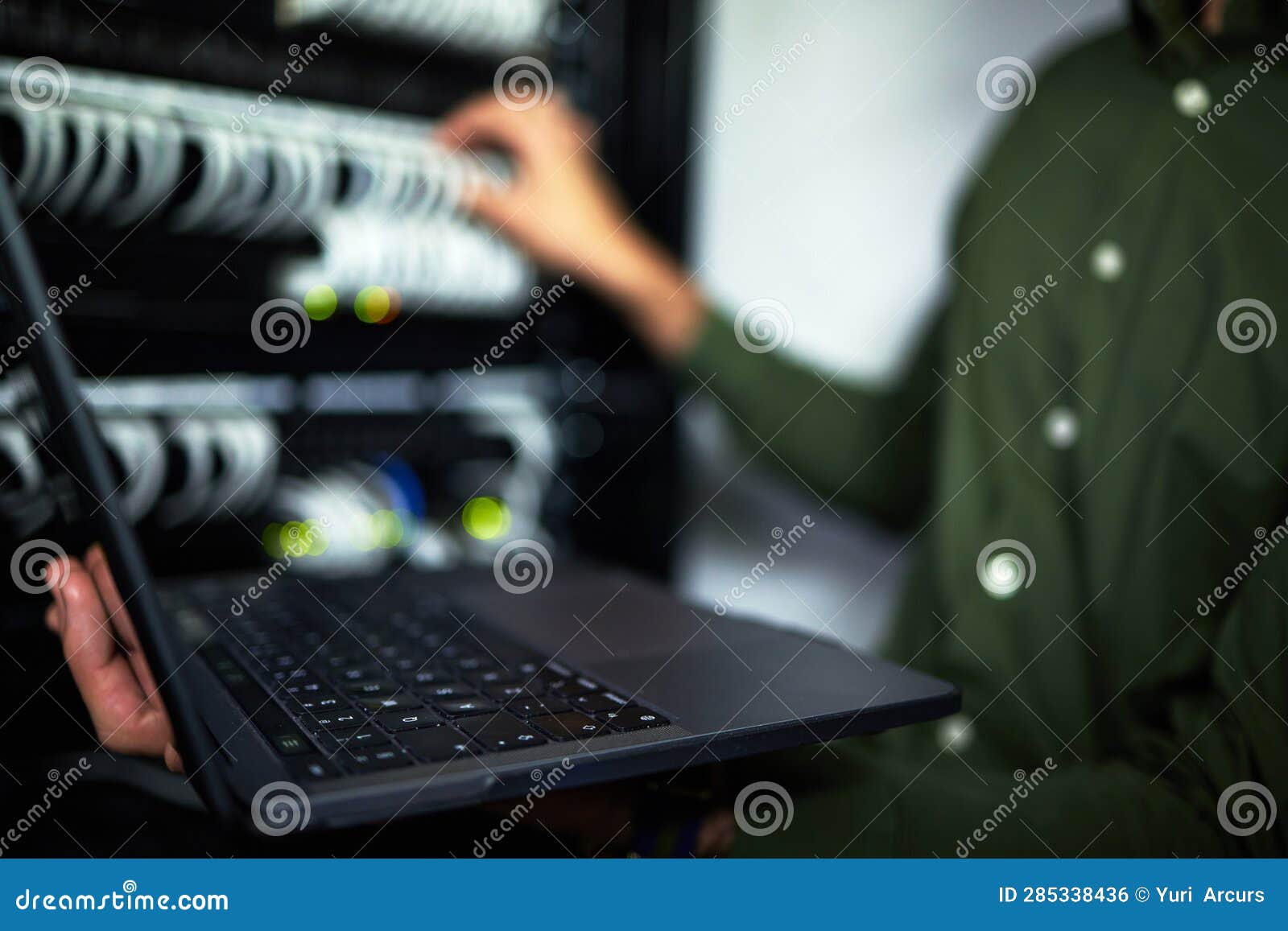 Server Room Maintenance, Laptop and Technician at Work for Cyber ...