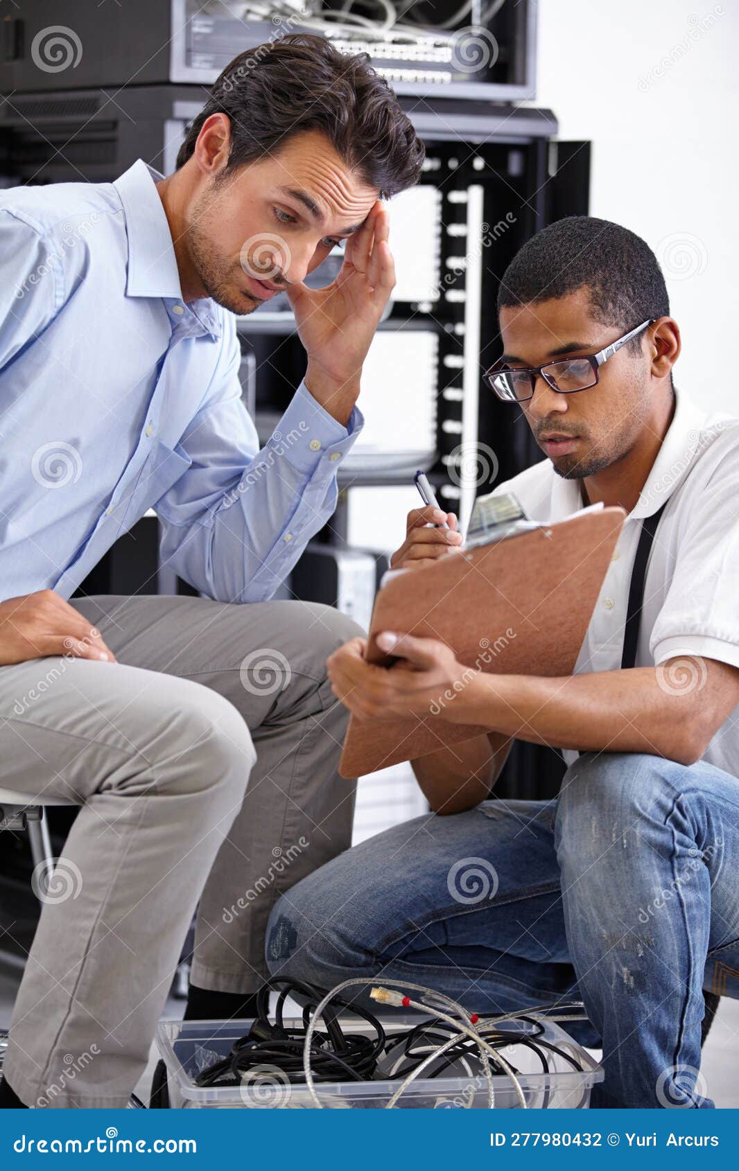 Server Room, Man or Technician with Clipboard Talking To a Stressed ...