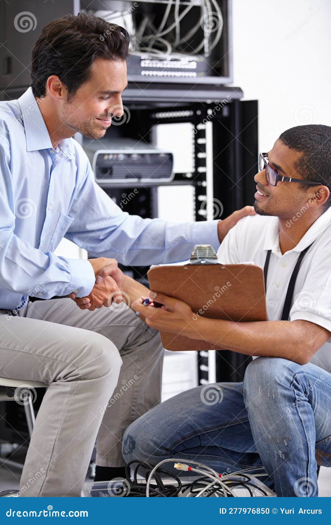Server Room, Man or Technician Shaking Hands for Software Maintenance ...