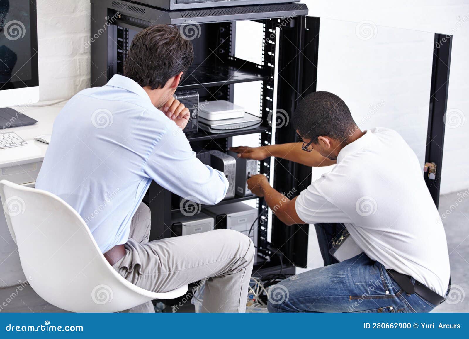 Server Room, Man and Technician Working with Electronics for Hardware ...
