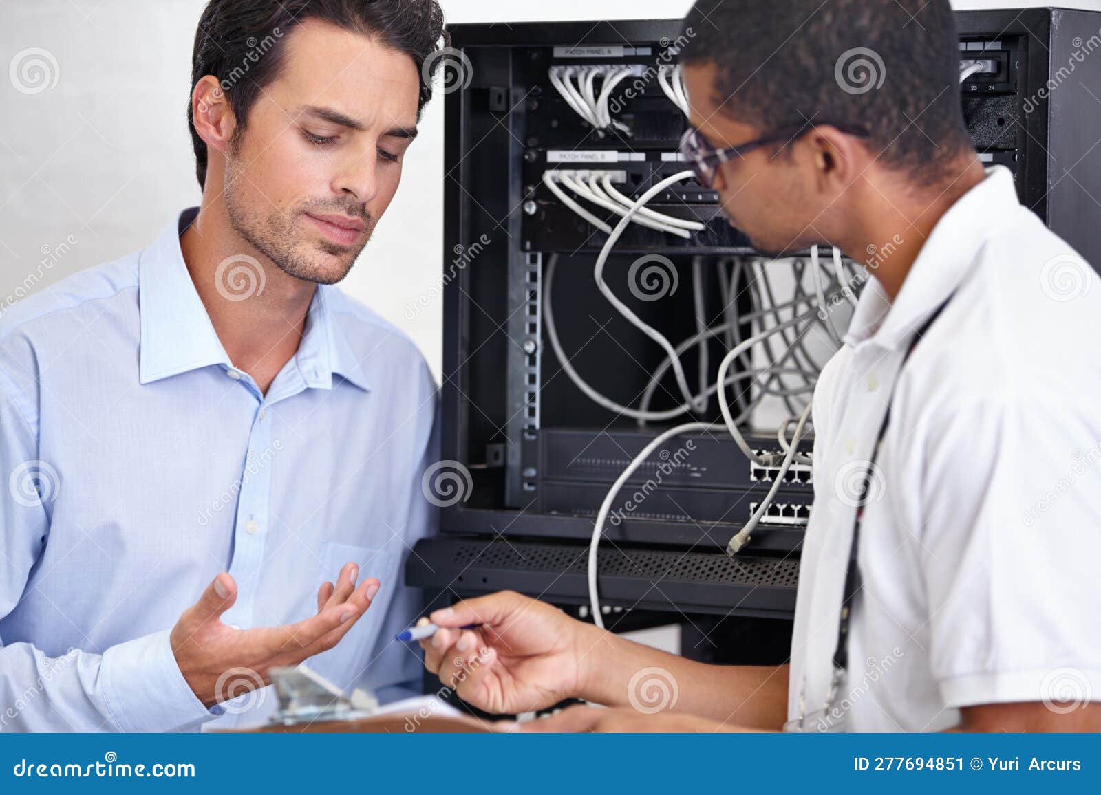 Server Room, Man or Technician with Clipboard for Technology in Cyber ...