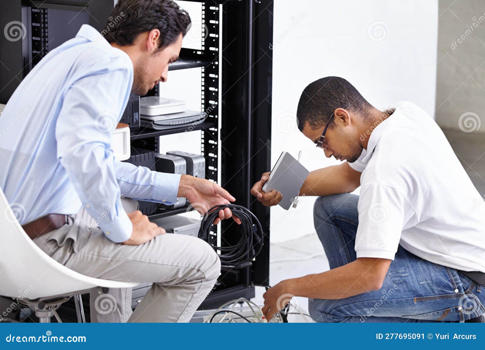 Server Room, Man or Technician Fixing Electronics for Hardware ...