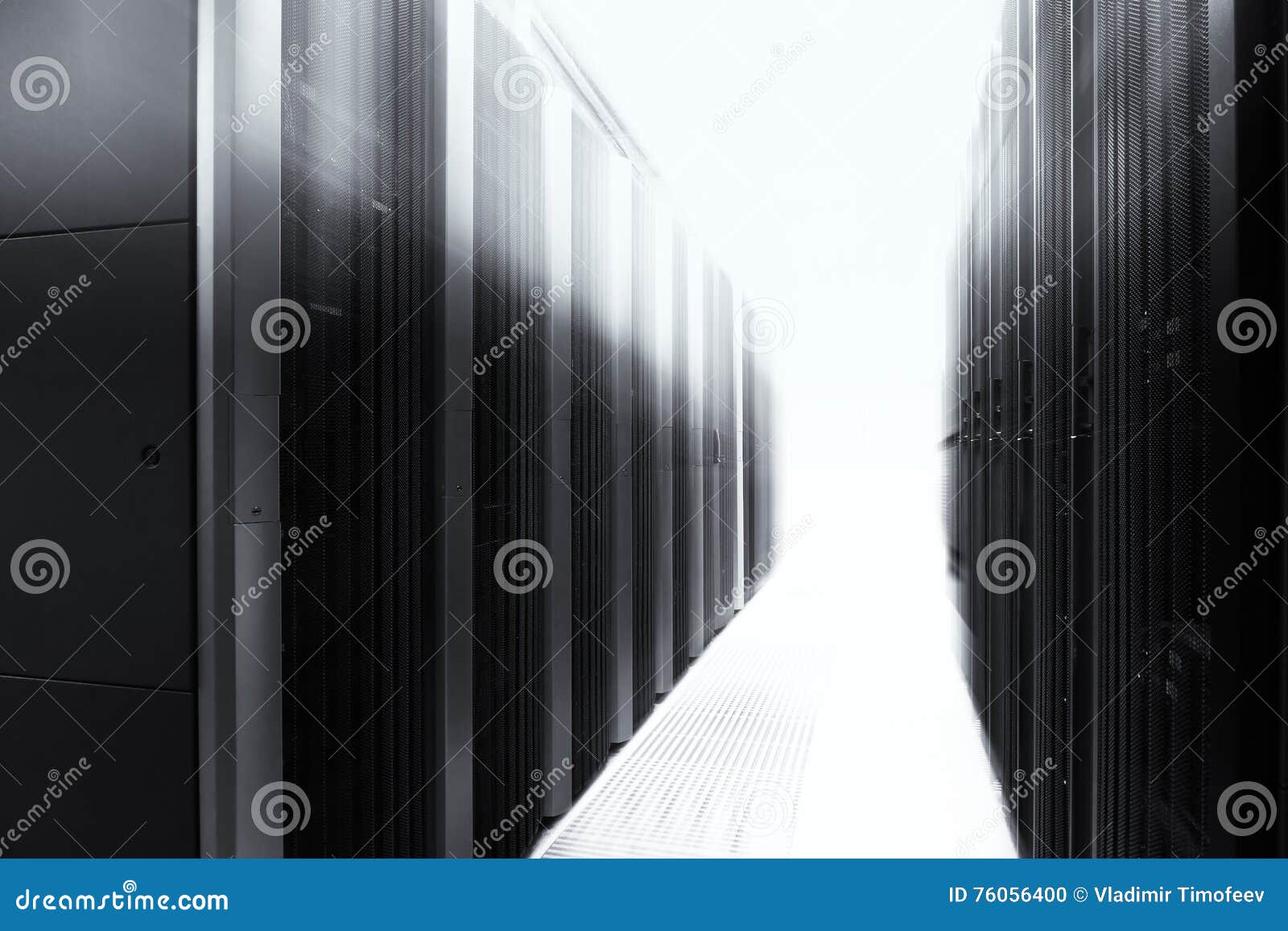 Server Room with Modern Mainframe Equipment in Data Center. Black and ...
