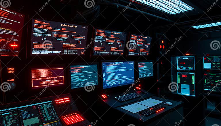 Server Room with Multiple Monitors and Red Lights, Stock Photo - Image ...