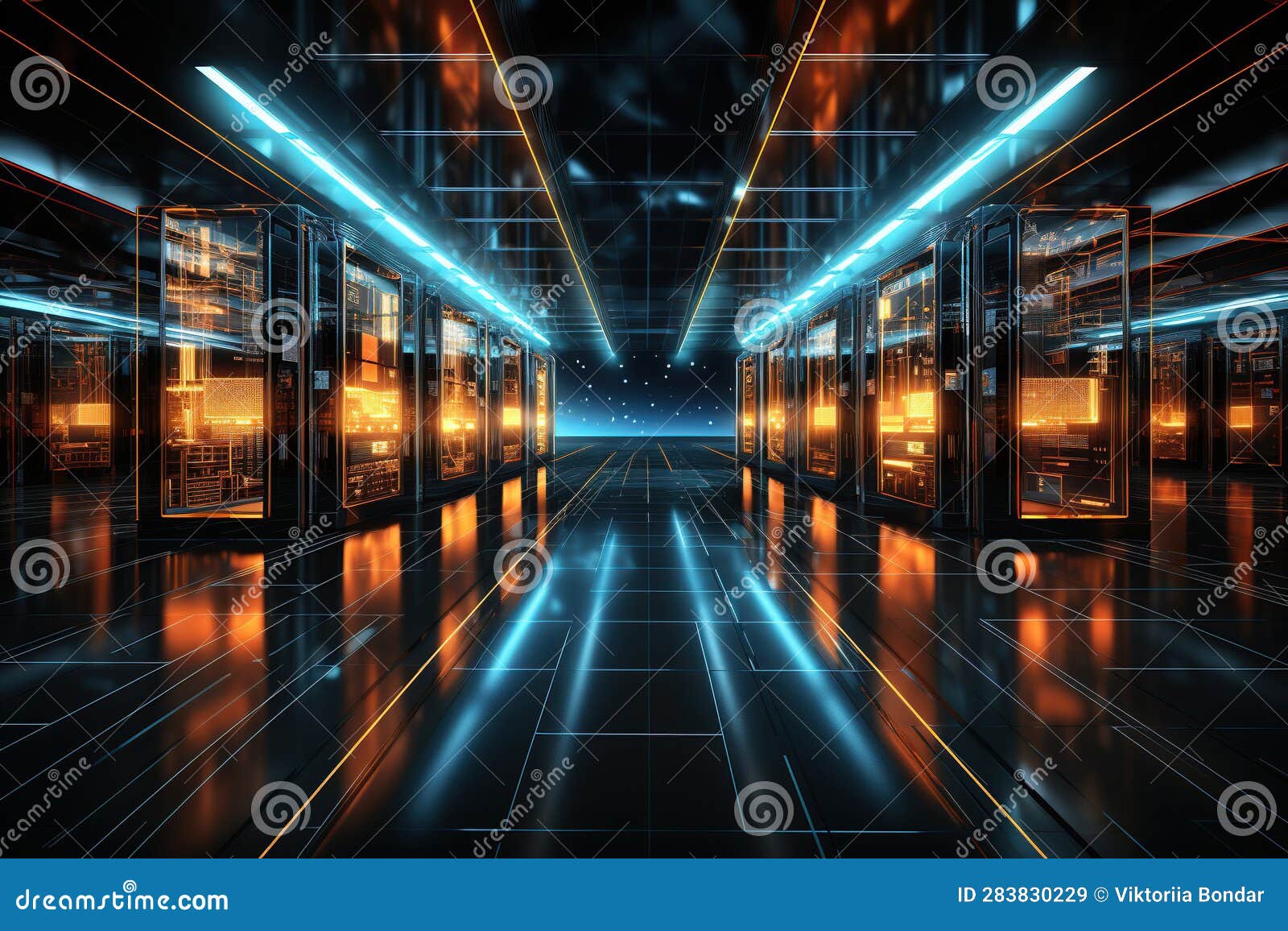 Server Room, Multiple Server Rack Hall In A Darkly Lit Office Stock ...