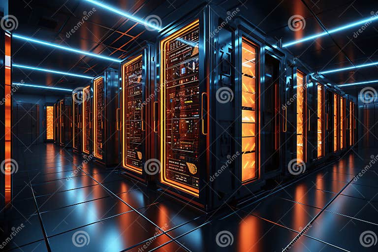 Server Room, Multiple Server Rack Hall in a Darkly Lit Office Stock ...