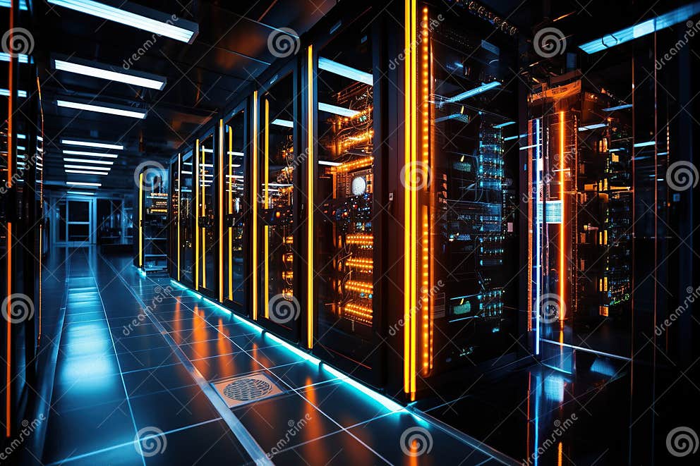 Server Room, Multiple Server Rack Hall in a Darkly Lit Office Stock ...