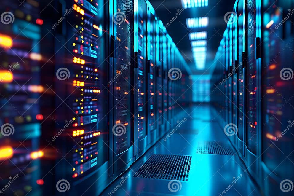 Server Room with Neon High Contrast Lighting Stock Illustration ...