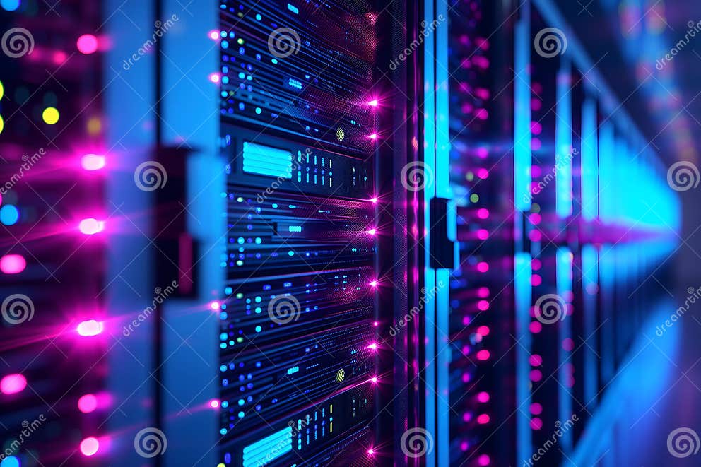 Server Room with Neon High Contrast Lighting Stock Illustration ...