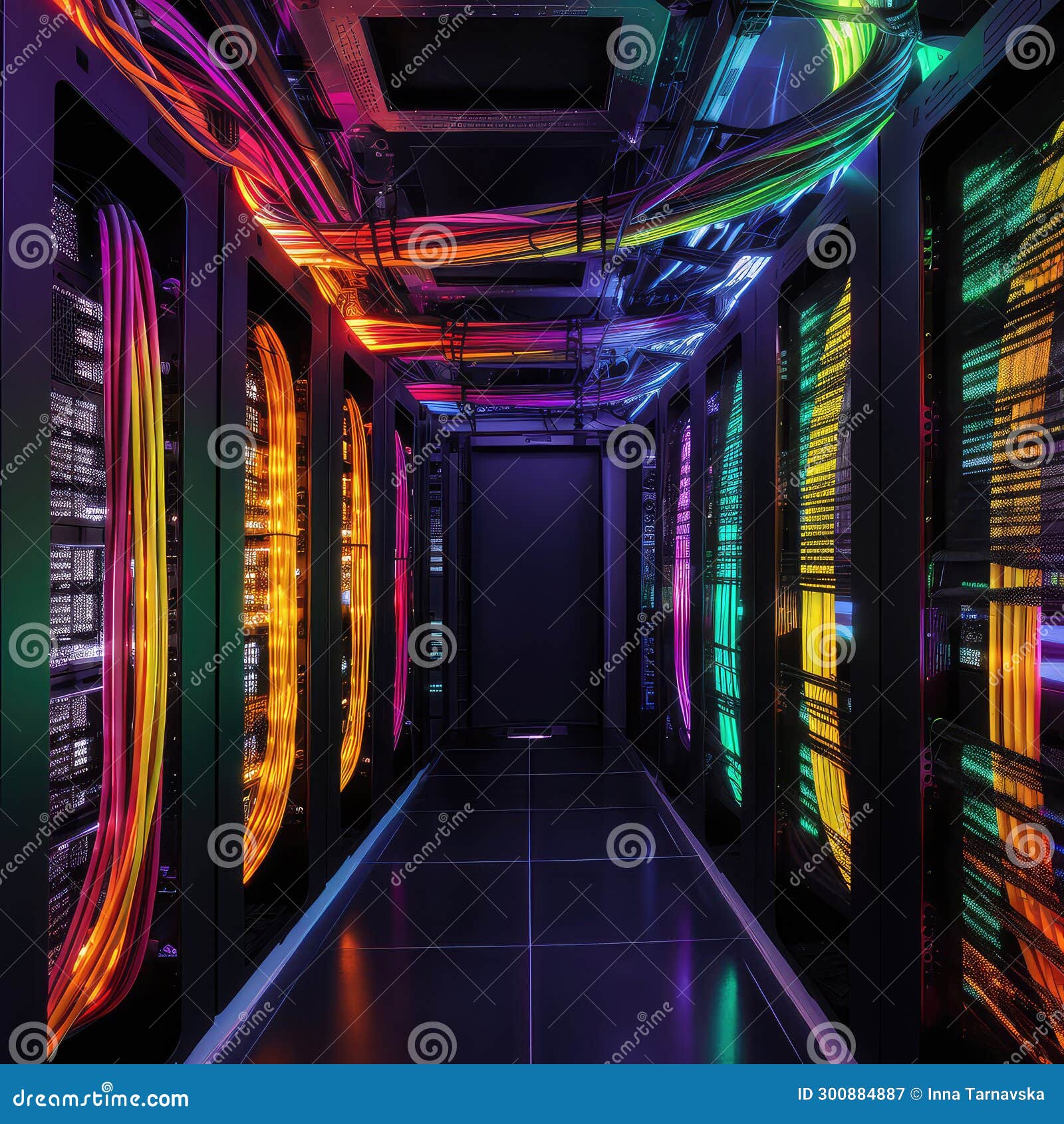 Server Room with Neon Lights Wires and Computers in Corridor. Data ...