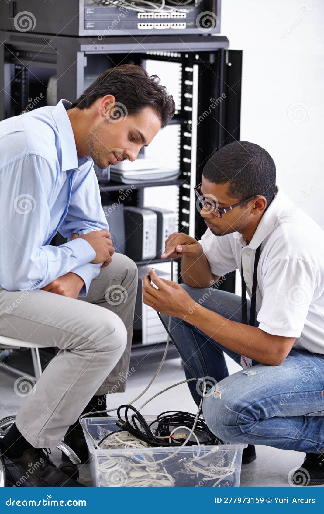Server Room, Network and Maintenance with a Technician Talking To a ...