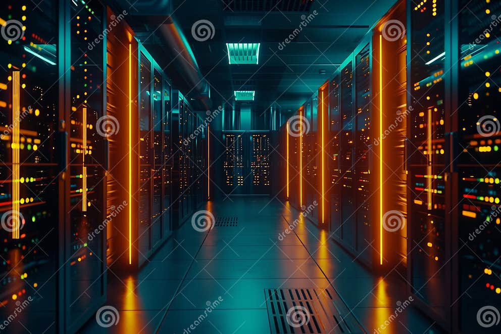 Server Room with Orange and Blue Lights Stock Illustration ...