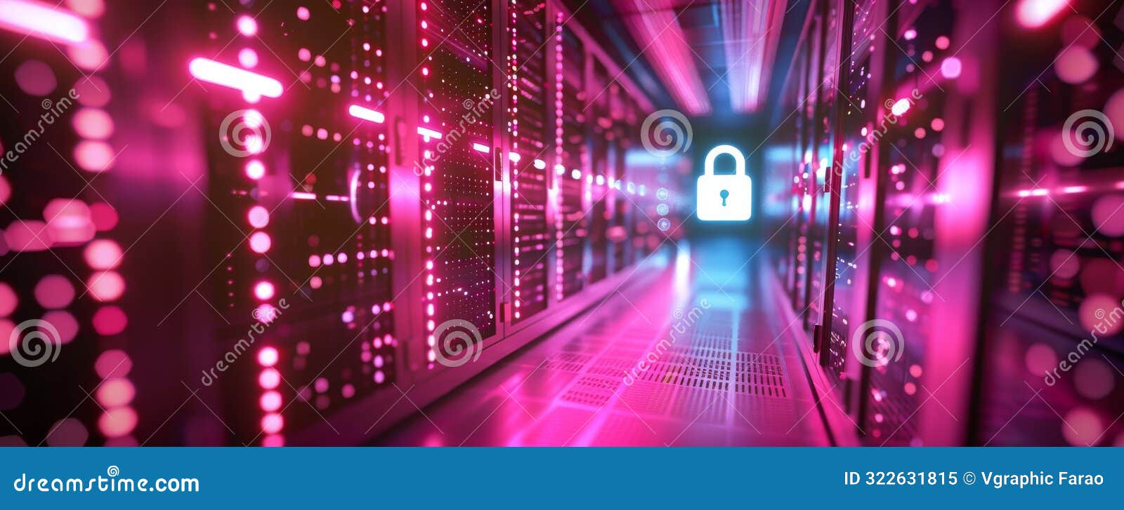 Server Room with Pink Neon Lights and Digital Security Lock, Futuristic ...