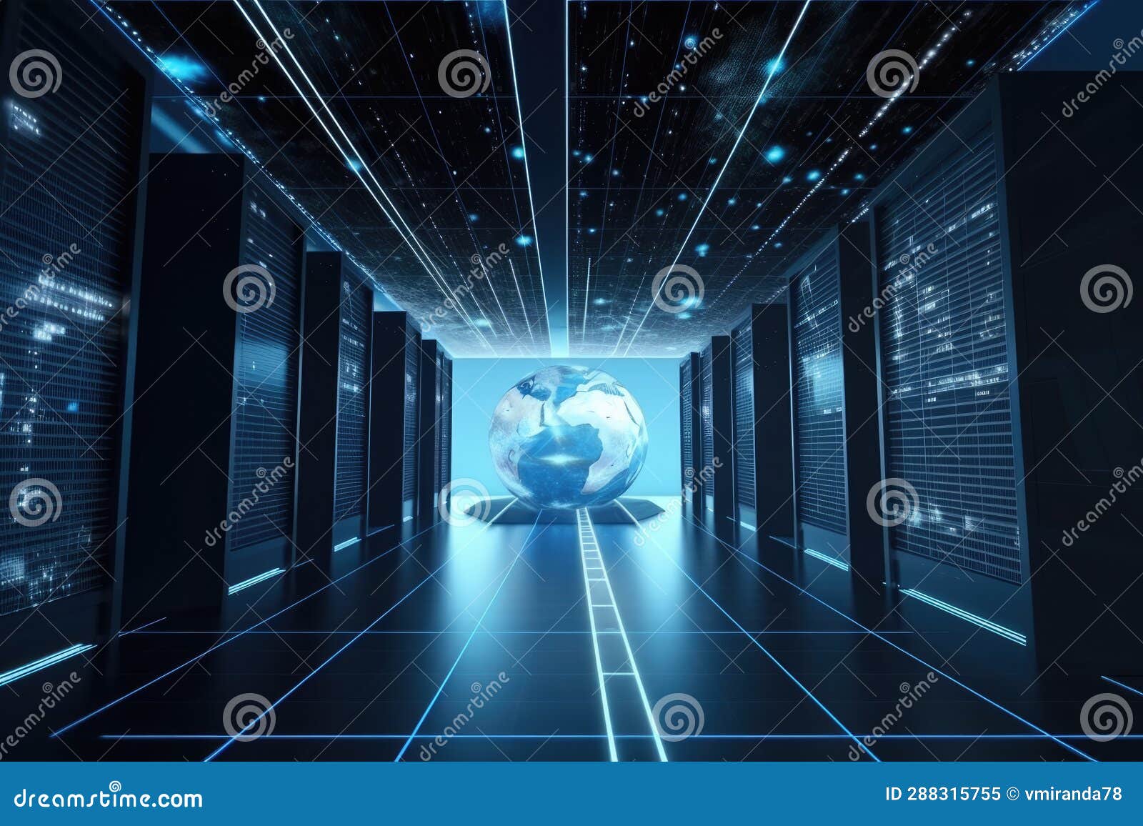 Server Room with Planet Earth in Center. Generative AI. Stock ...