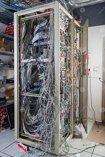 Server Room Rack with Tangled Network Cables Creating Messy Unti Stock ...