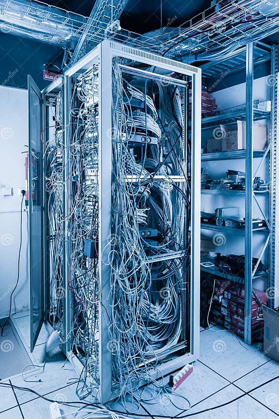 Server Room Rack with Tangled Network Cables Creating Messy Unti Stock ...