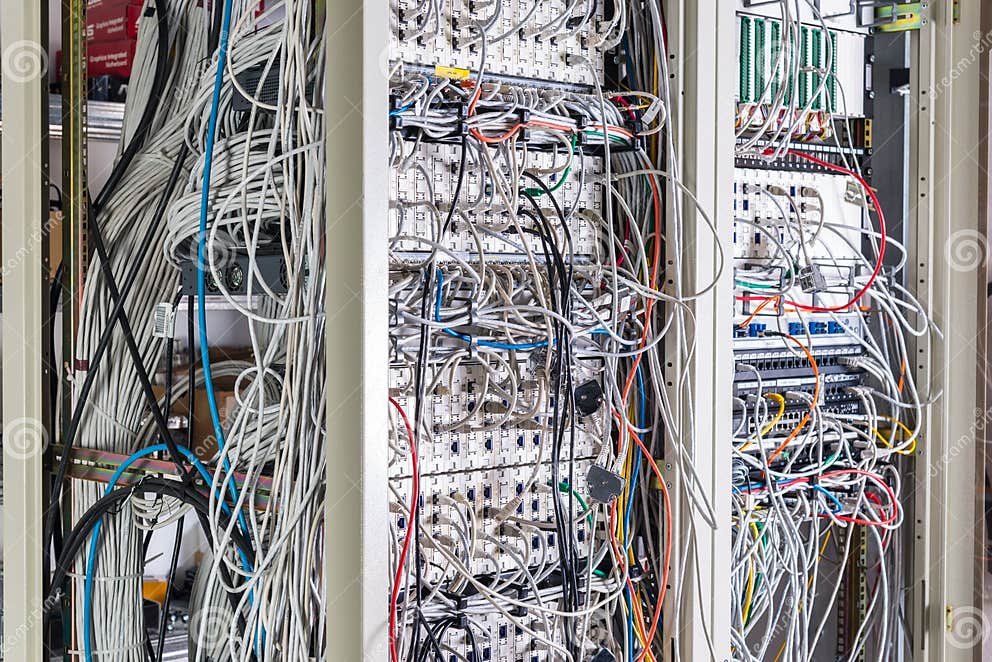 Server Room Rack with Tangled Network Cables Creating Messy Unti Stock ...