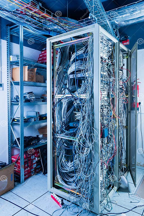 Server Room Rack with Tangled Network Cables Creating Messy Unti Stock ...