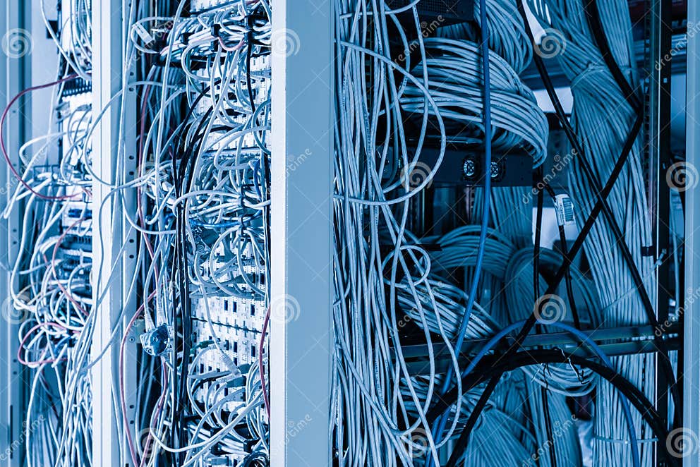 Server Room Rack with Tangled Network Cables Creating Messy Unti Stock ...