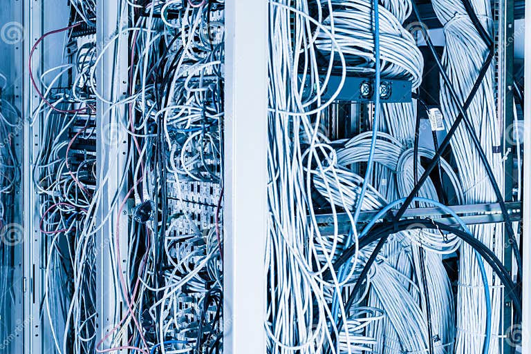 Server Room Rack with Tangled Network Cables Creating Messy Unti Stock ...