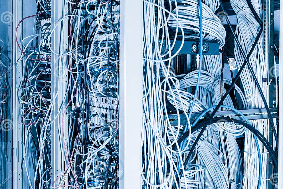 Server Room Rack with Tangled Network Cables Creating Messy Unti Stock ...