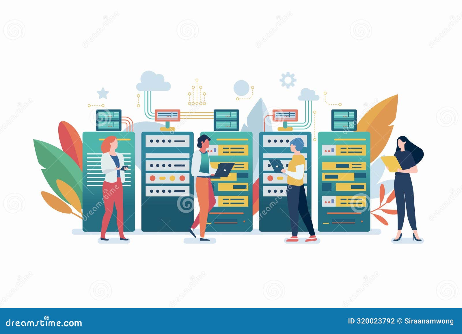 Server Room Racks Isolated on White Background. Cloud System Concept. Data Center. Data Storage ...