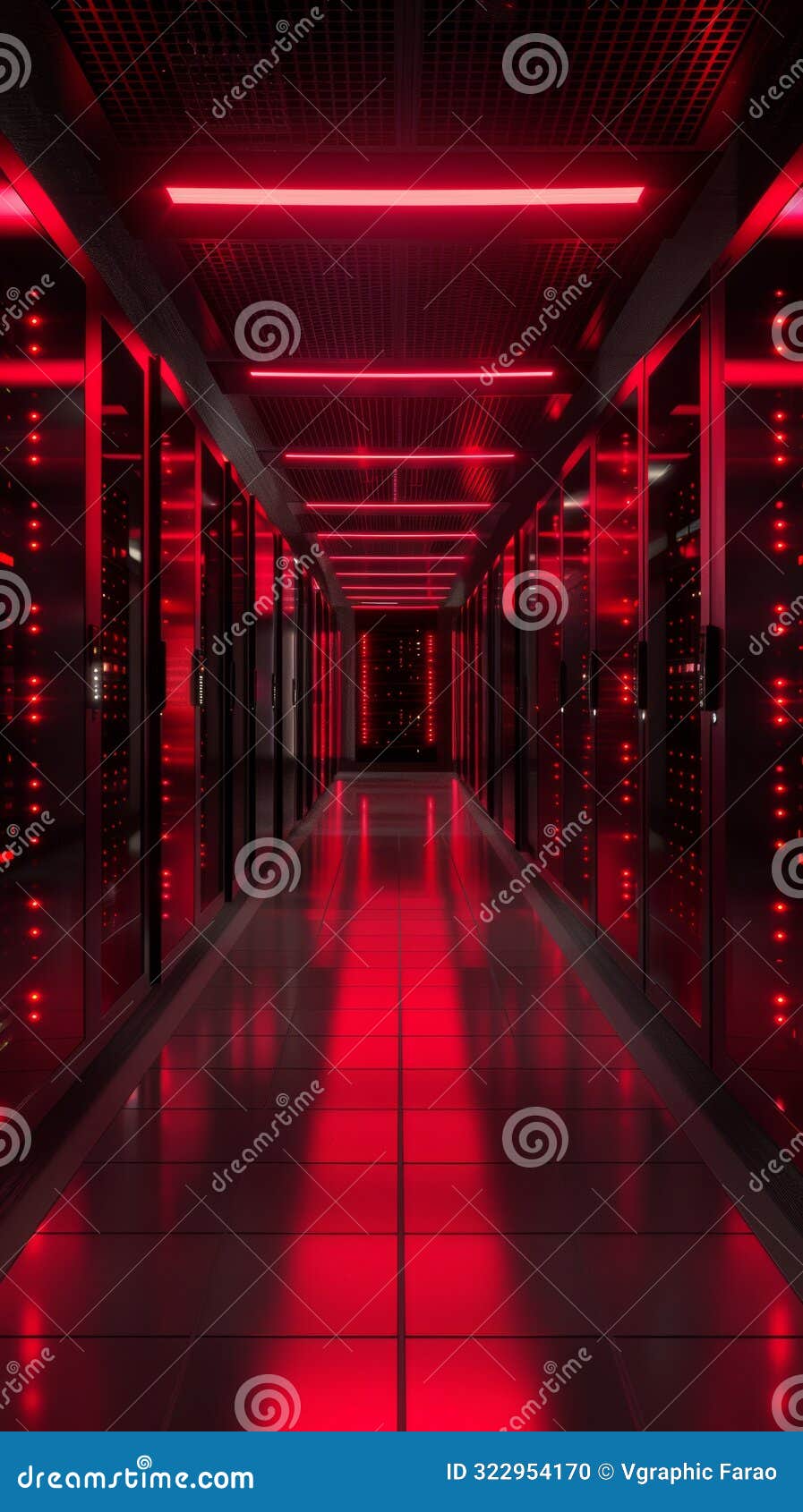 Server Room with Red Led Lighting and Reflective Floor, Technology ...